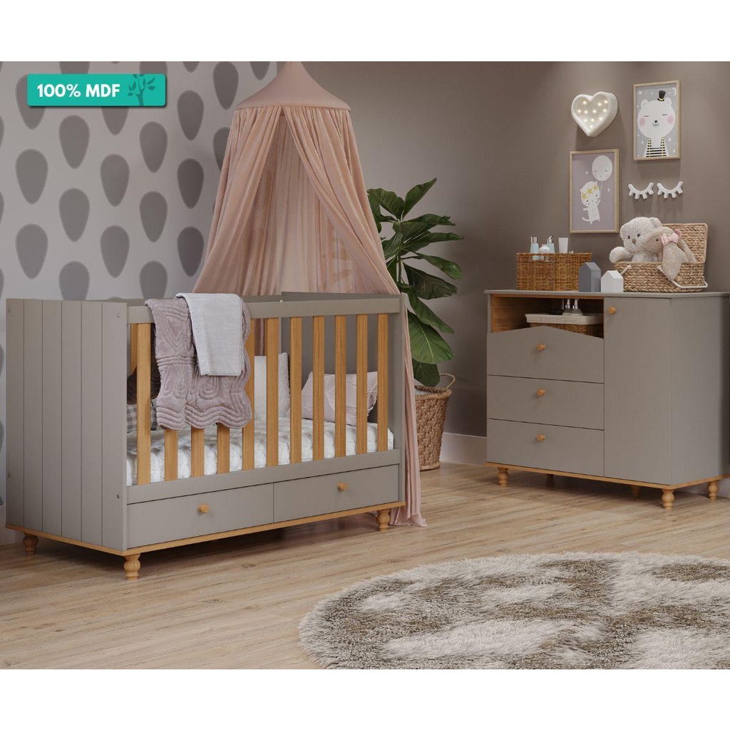 Quarto De Bebê Com Berço Candy E Cômoda 1 Porta 3 Gavetas Casinha