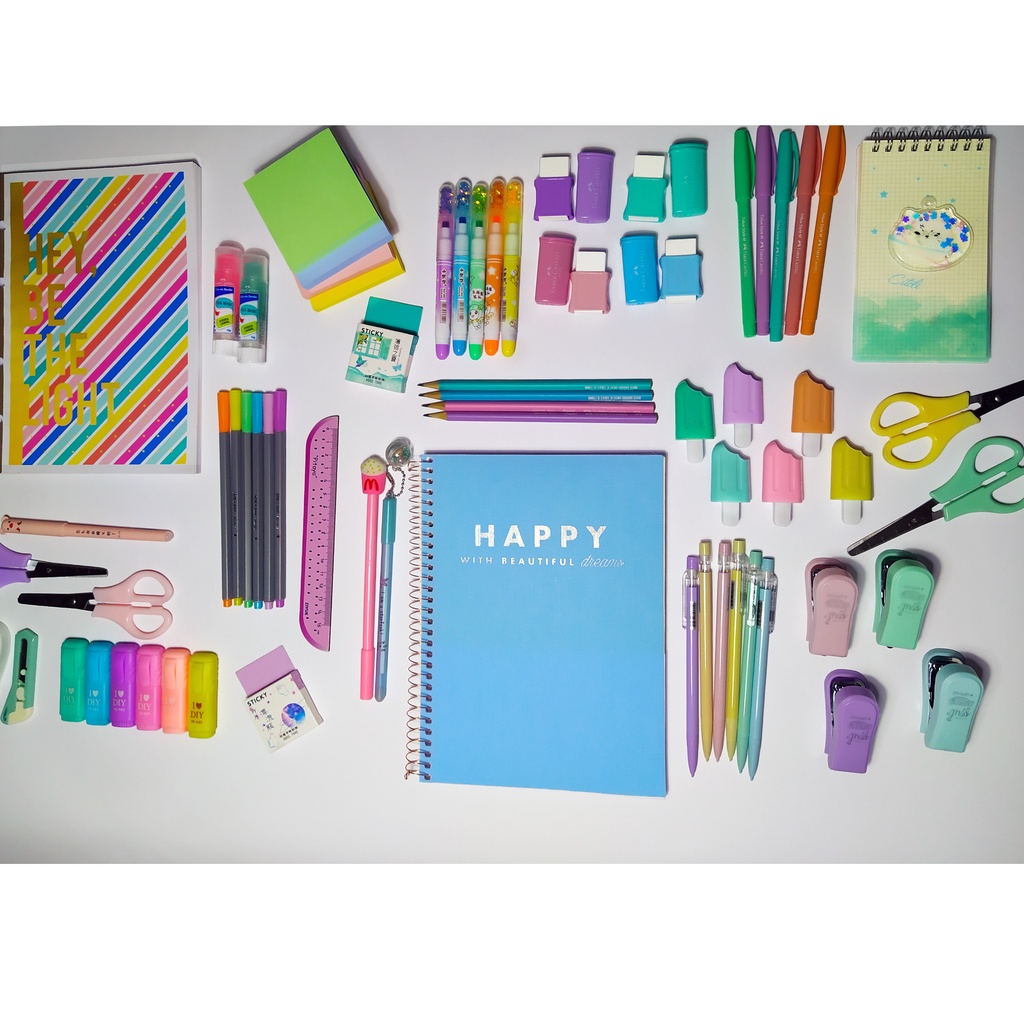 Kit Papelaria Criativa Volta Ás Aulas 51 itens Com Caderno Marca Texto ...