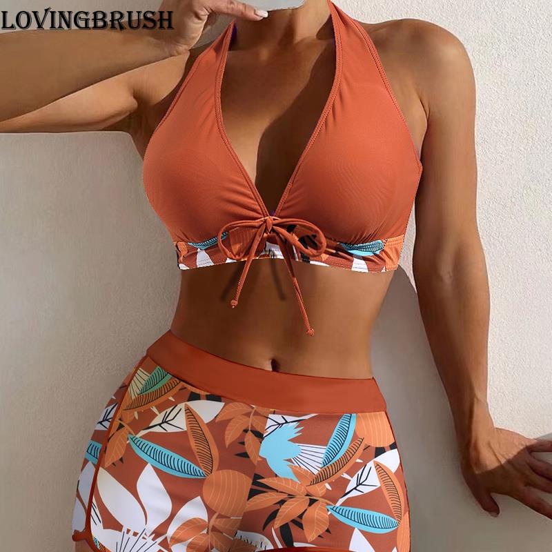 Sexy Push Up Cintura Alta Biquíni Conjunto Folhas Imprimir Banho
