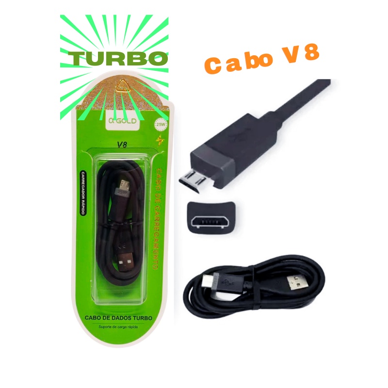 Cabo Usb Celular Conector V8 Carregamento Rápido Turbo 25W | Shopee Brasil