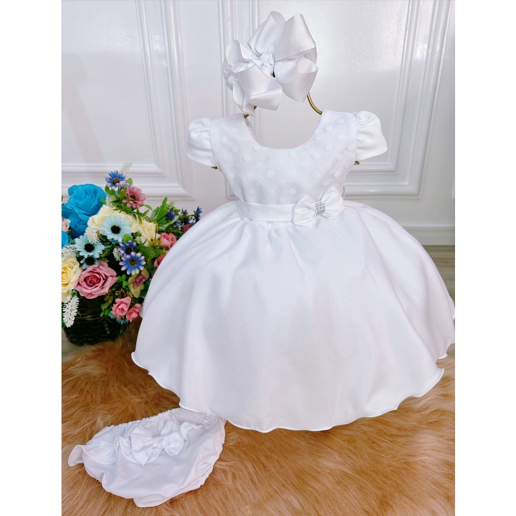Vestido + Calcinha Infantil Roupa de Bebe Conjunto de Batizado Festa ...