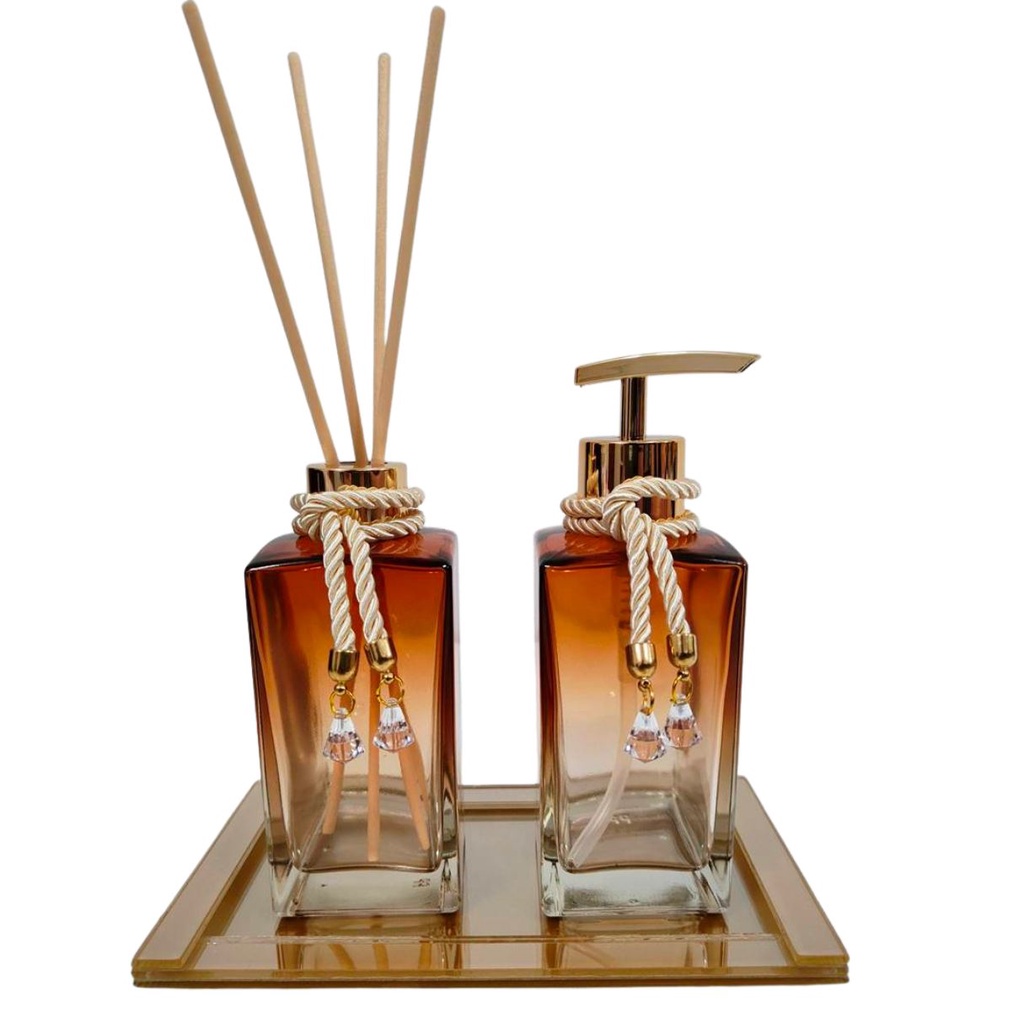 Kit Lavabo Banheiro Luxo Marrom Degradê com Dourado Bandeja Dourada ...