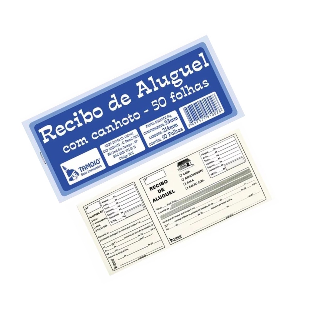 Kit 5 Blocos Recibo de Aluguel Com Canhoto Tamoio 50 Folhas | Shopee Brasil
