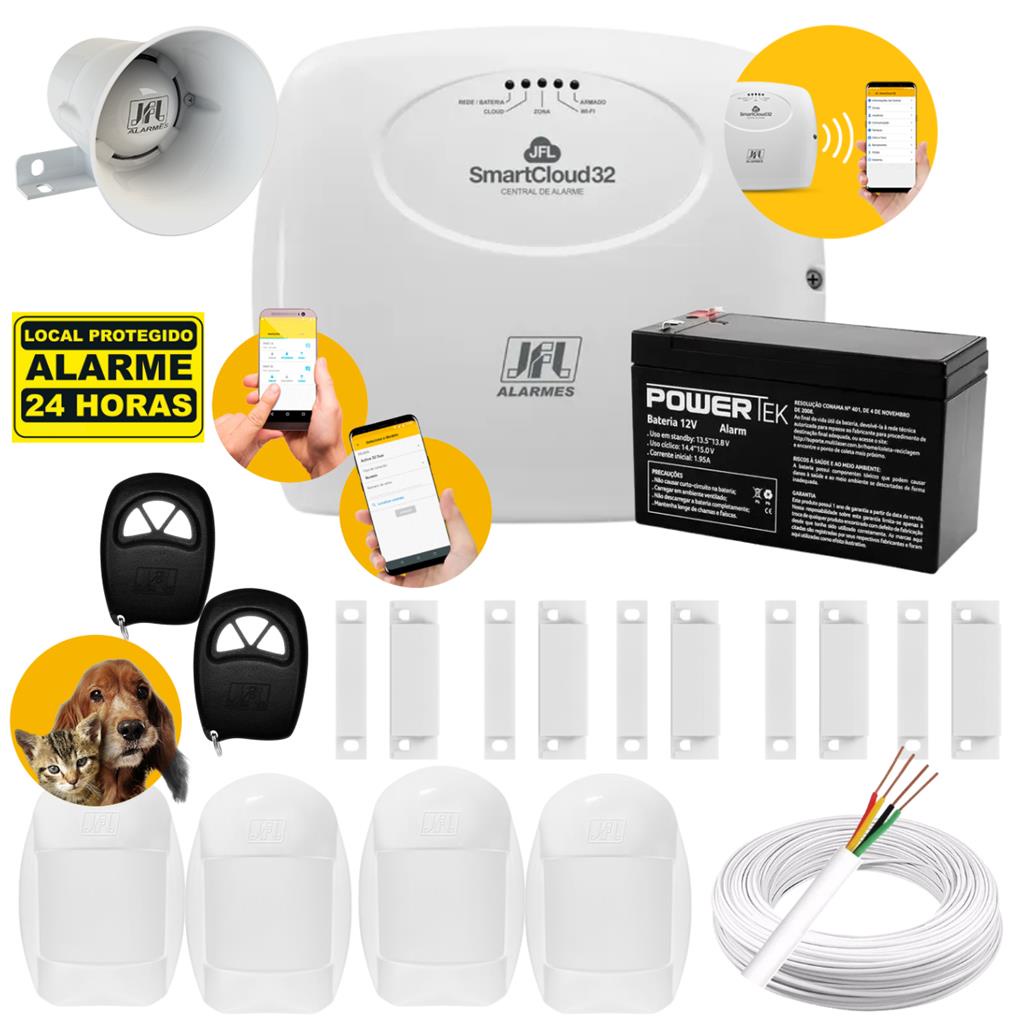 Kit Alarme Jfl Central Smartcloud 32 Wifi 9 Sensores Com Fio | Shopee Brasil