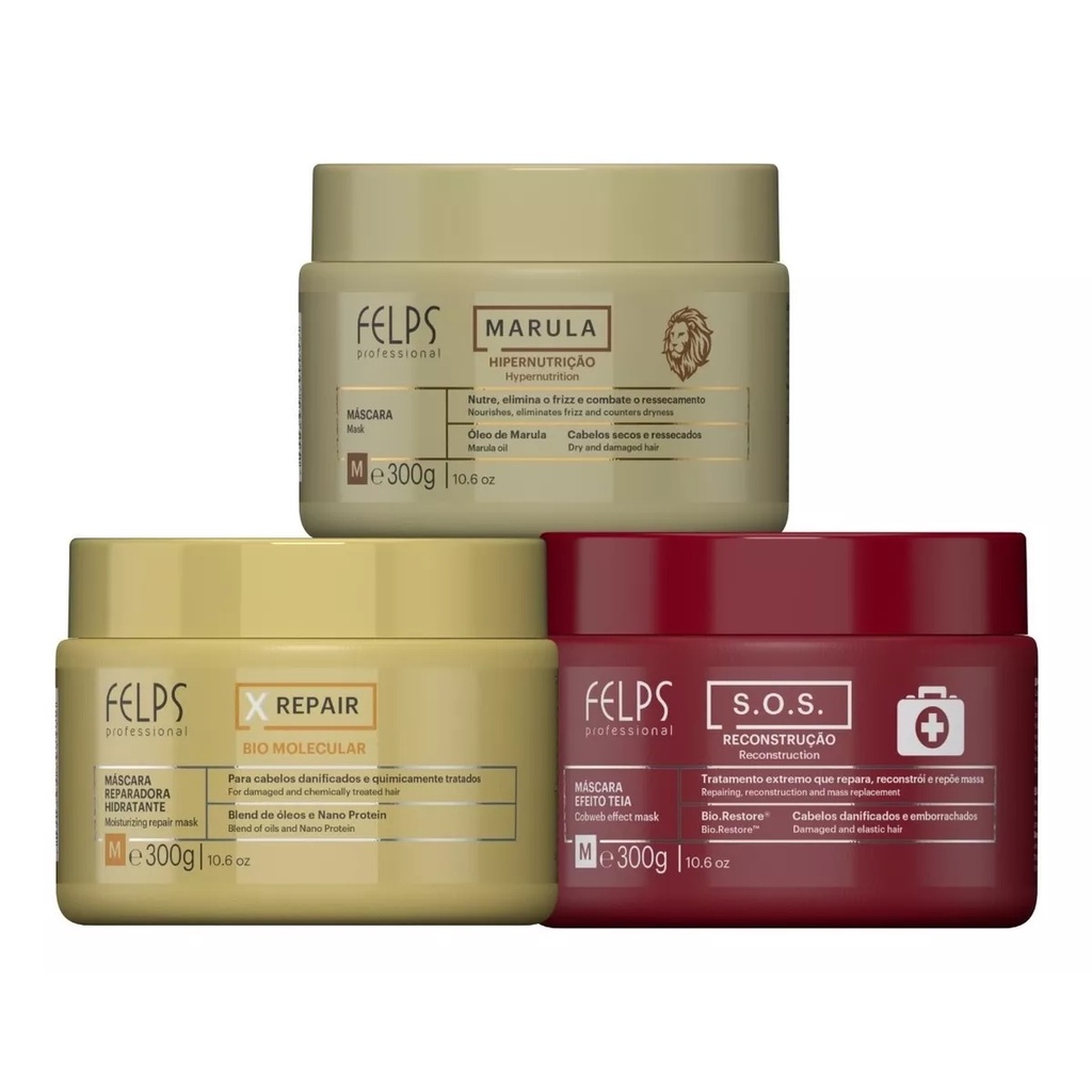 Felps Cronograma Capilar Sos + Marula + Xrepair 300g | Shopee Brasil