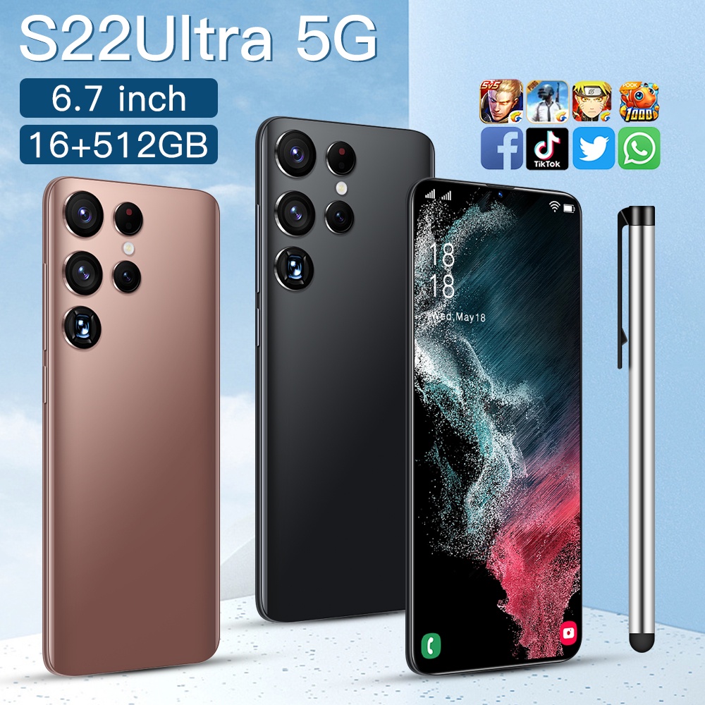 Telefones Celulares S22 Ultra 16GB + 512GB Telefone Marca Novo Smartphone De 6,7 Polegadas Tela ...