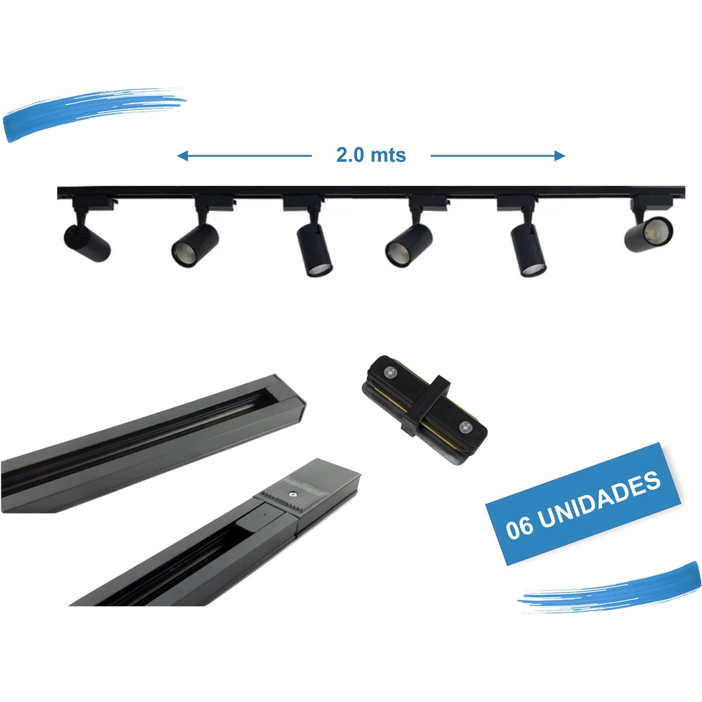 Kit Trilho Eletrificado 2m Preto + 6 Spots Led 10w Luz Quente ...
