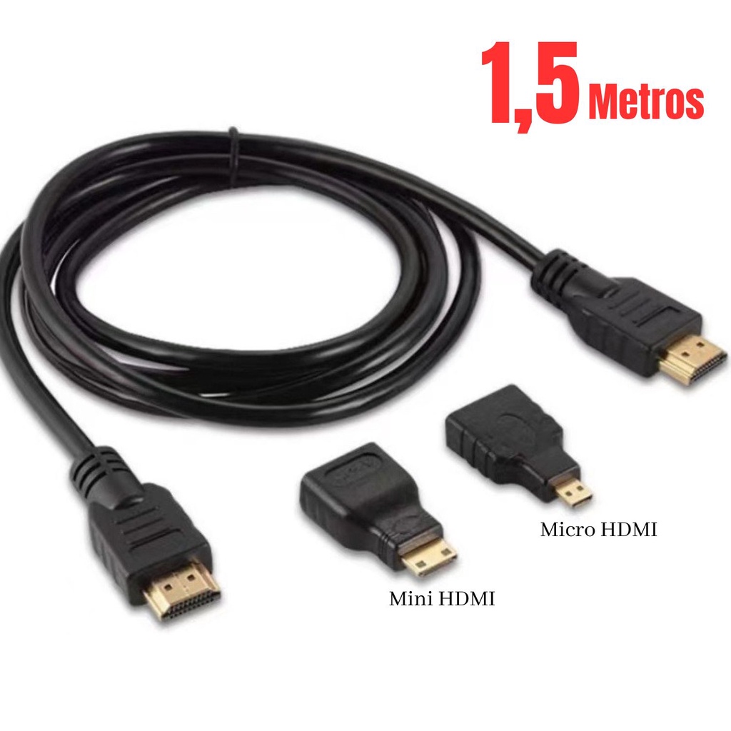 Cabo HDMI 3 em 1 com Adaptador HDMI Micro e Mini 1,5m - Escorrega o Preço