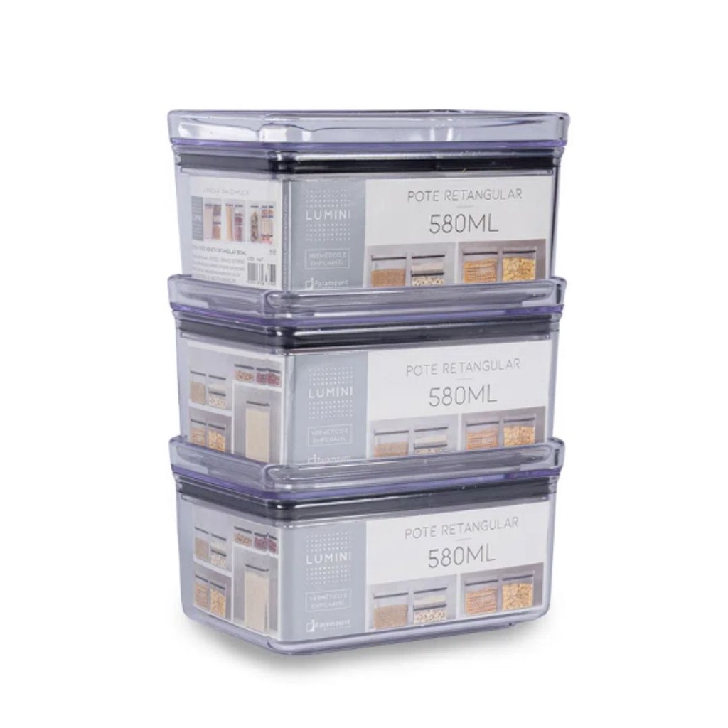 Kit 3 Potes 580ml Hermético Lumini Retangular Mantimentos Organização ...