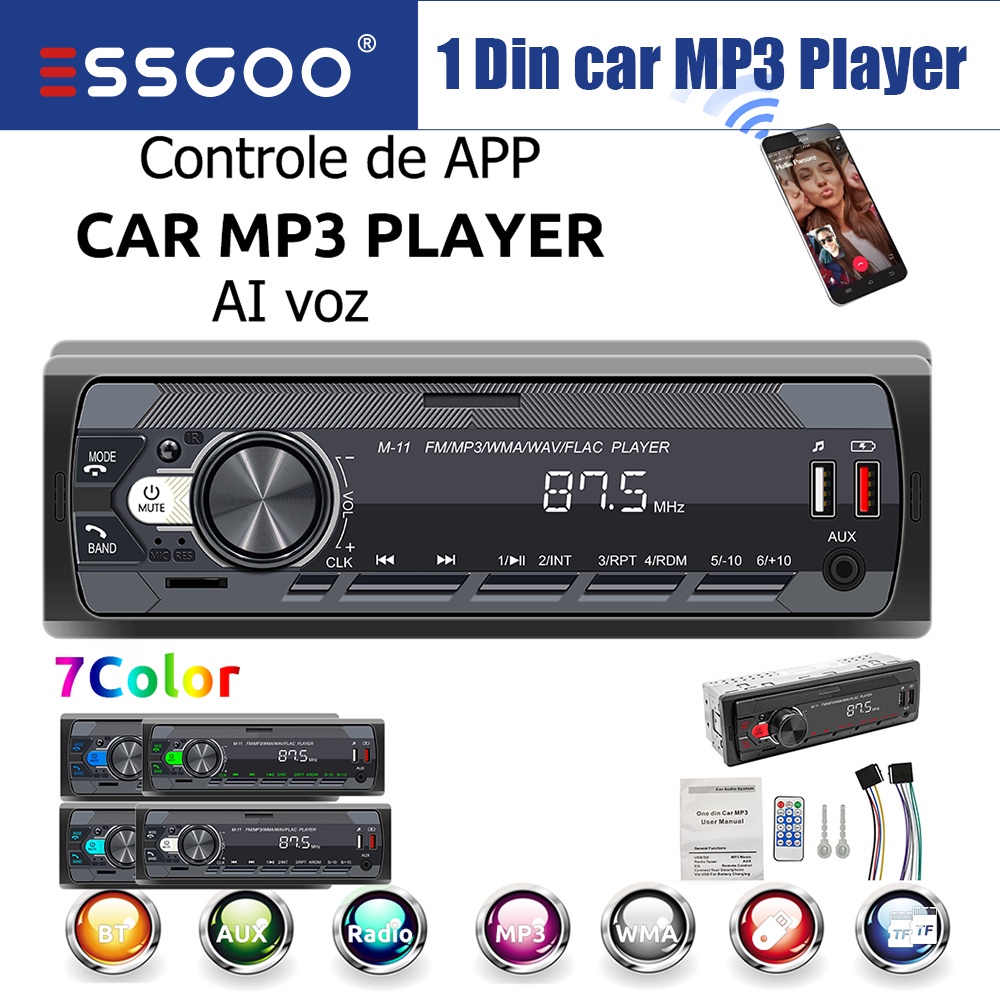 ESSGOO 1 Rádio Do Carro Um Din APP Controle De Voz Inteligente Bluetooth Estéreo FM Leitor De ...