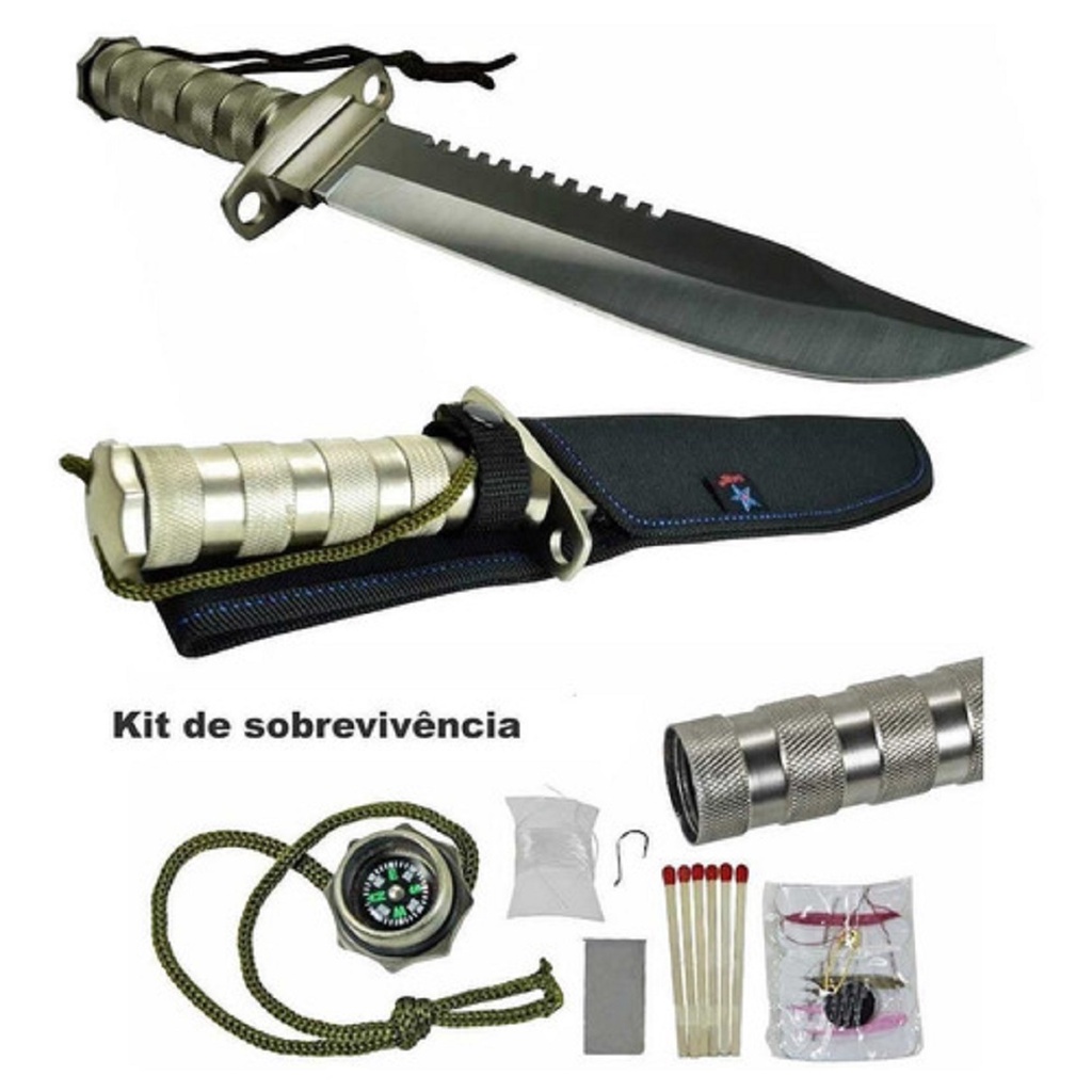 Faca Rambo Tática Militar Sobrevivência Lamina Serrilhado Facão Faca ...