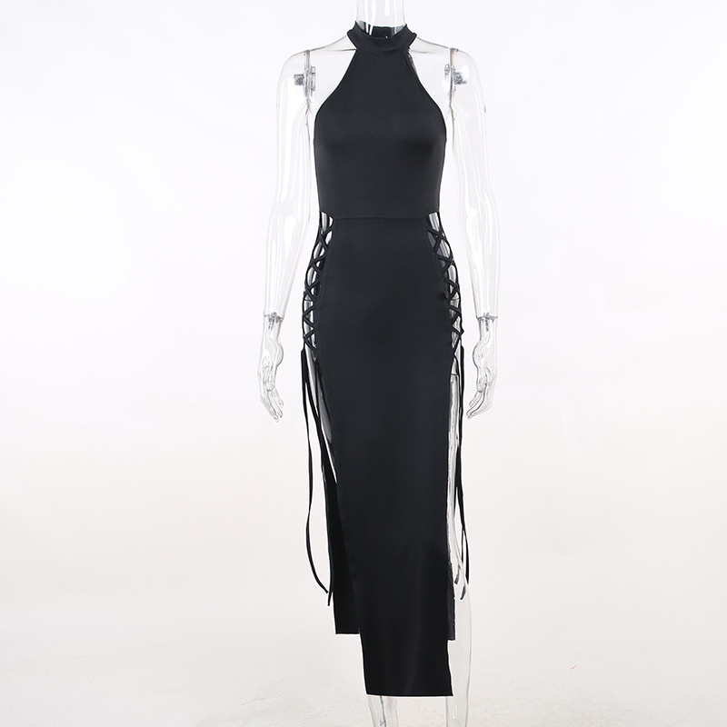 Mulheres Sexy Senhoras Halter Pescoço Lace Up Vestido Longo Dividido