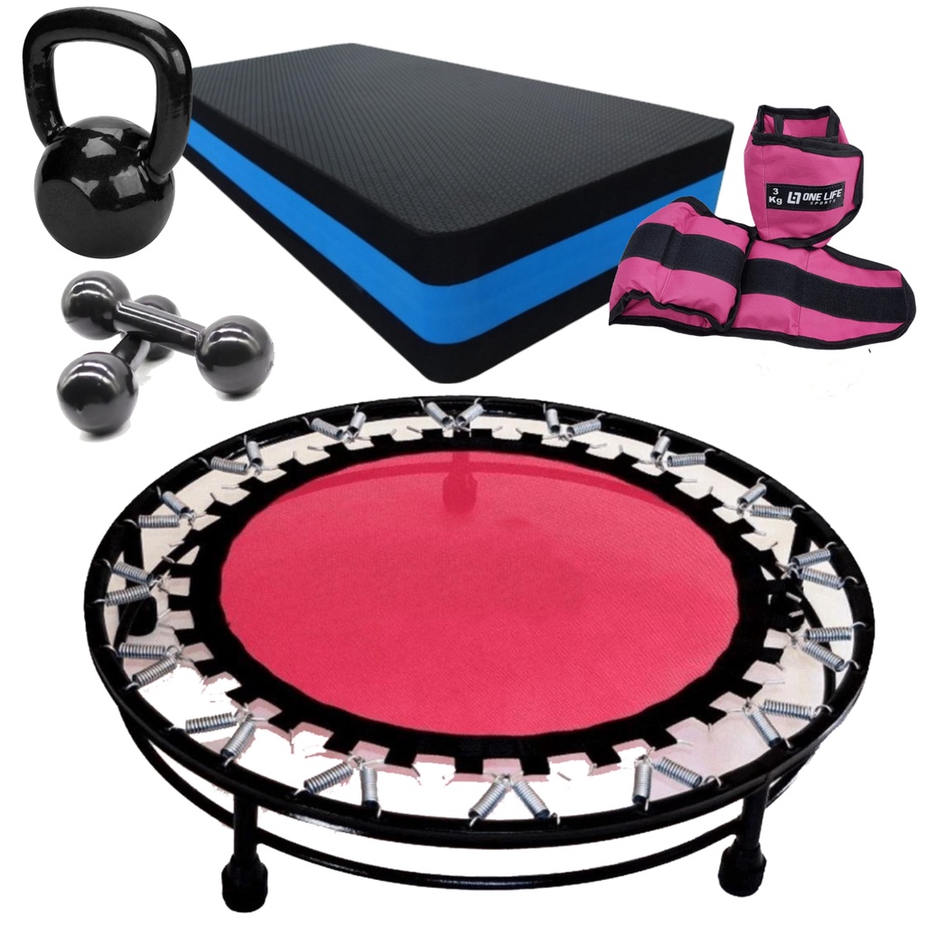Kit Rosa de Ginástica- Mini Jump + Kettlebel 6Kg + Step 60 + Caneleira ...
