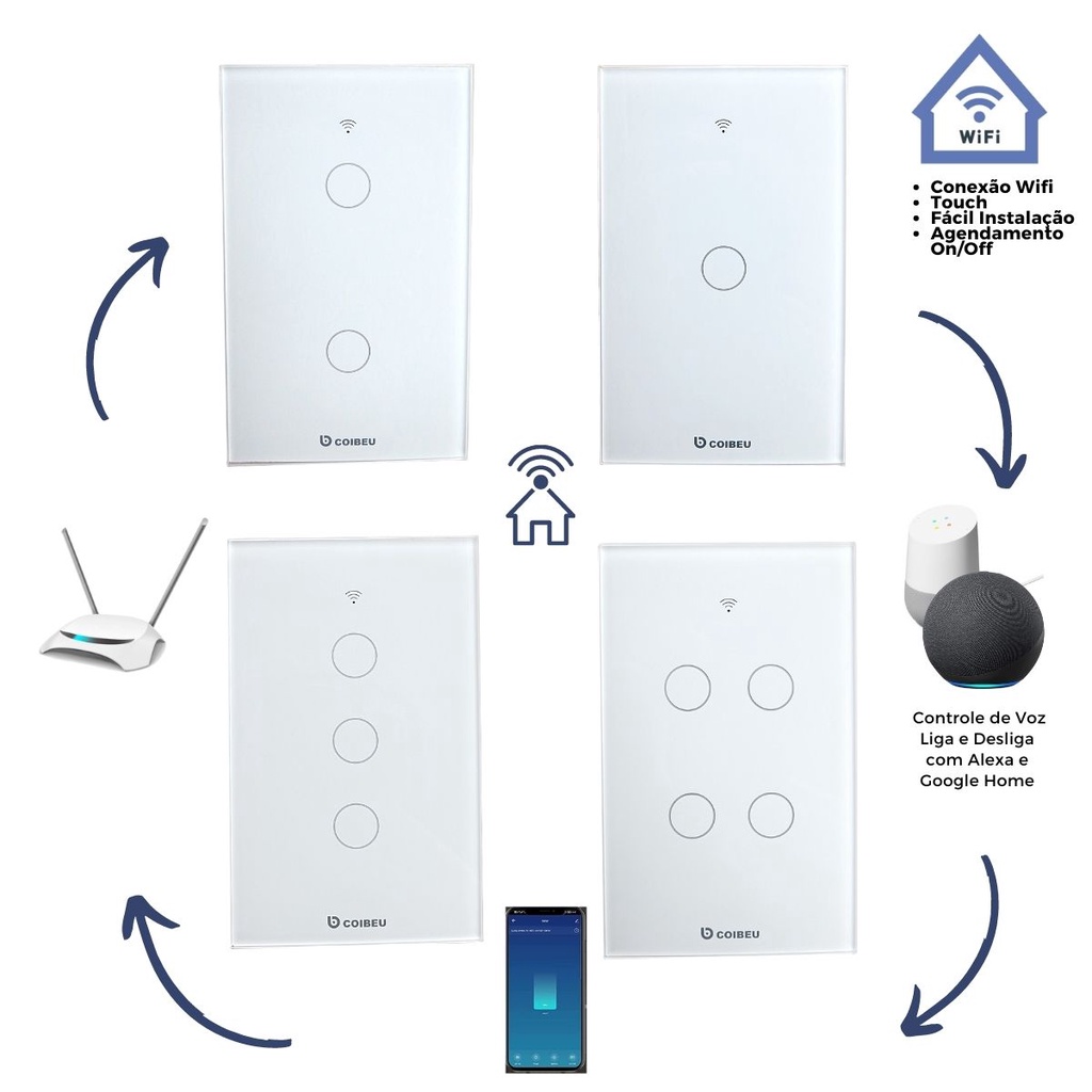 Interruptor Inteligente WiFi, Smart Sem Fio Multifuncional 1 a 4 Botões ...