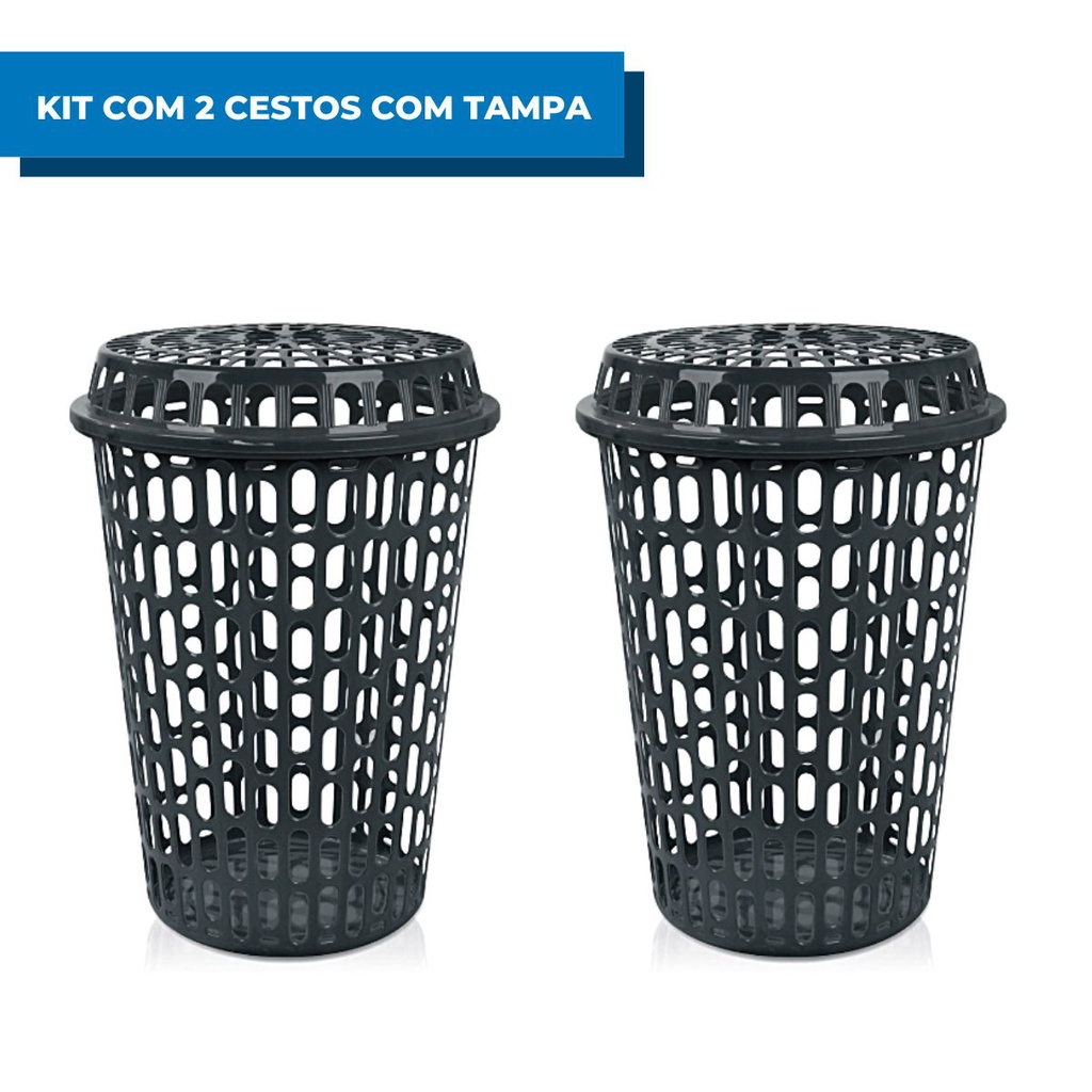 Kit Com 2 Cestos De Roupas Sujas Multiuso Telado Com Tampa 60 Litros Preto Arqplast Organizador ...