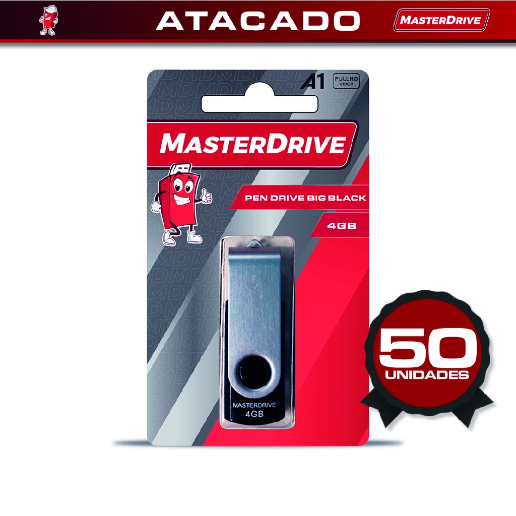 Kit 50 Pendrive 4GB Atacado MasterDrive Original Big Black | Shopee Brasil