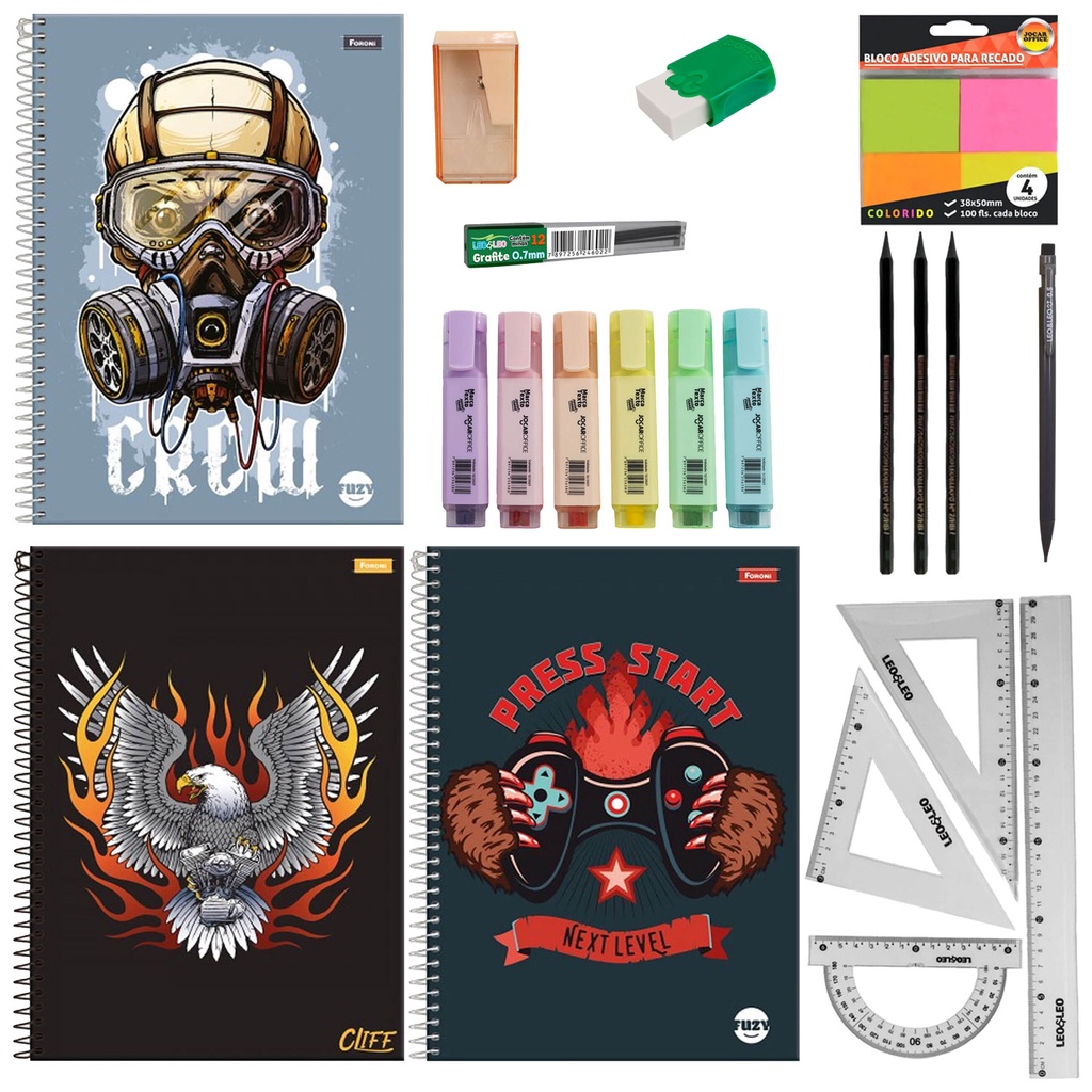 Kit Material Escolar com 3 Cadernos Capa Sortida + 10 Itens | Shopee Brasil