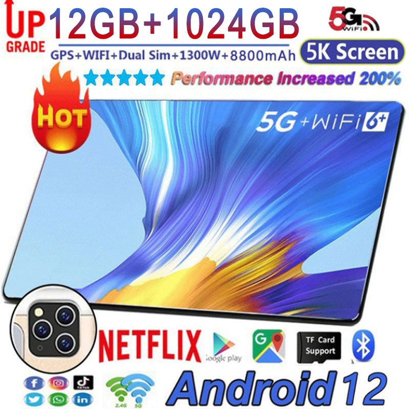 2023 mais novo tablet wi-fi com dez núcleos 5g 4g rede Android 12.0 RAM 12gb 1024gb dual cartão ...