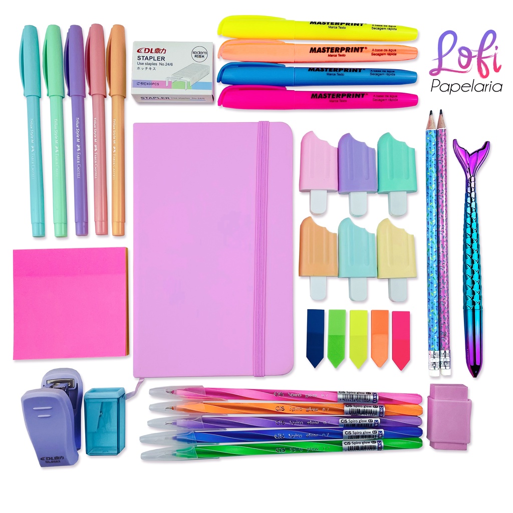 Kit Papelaria Universitário com Caderneta Caneta Marca Texto Pastel ...