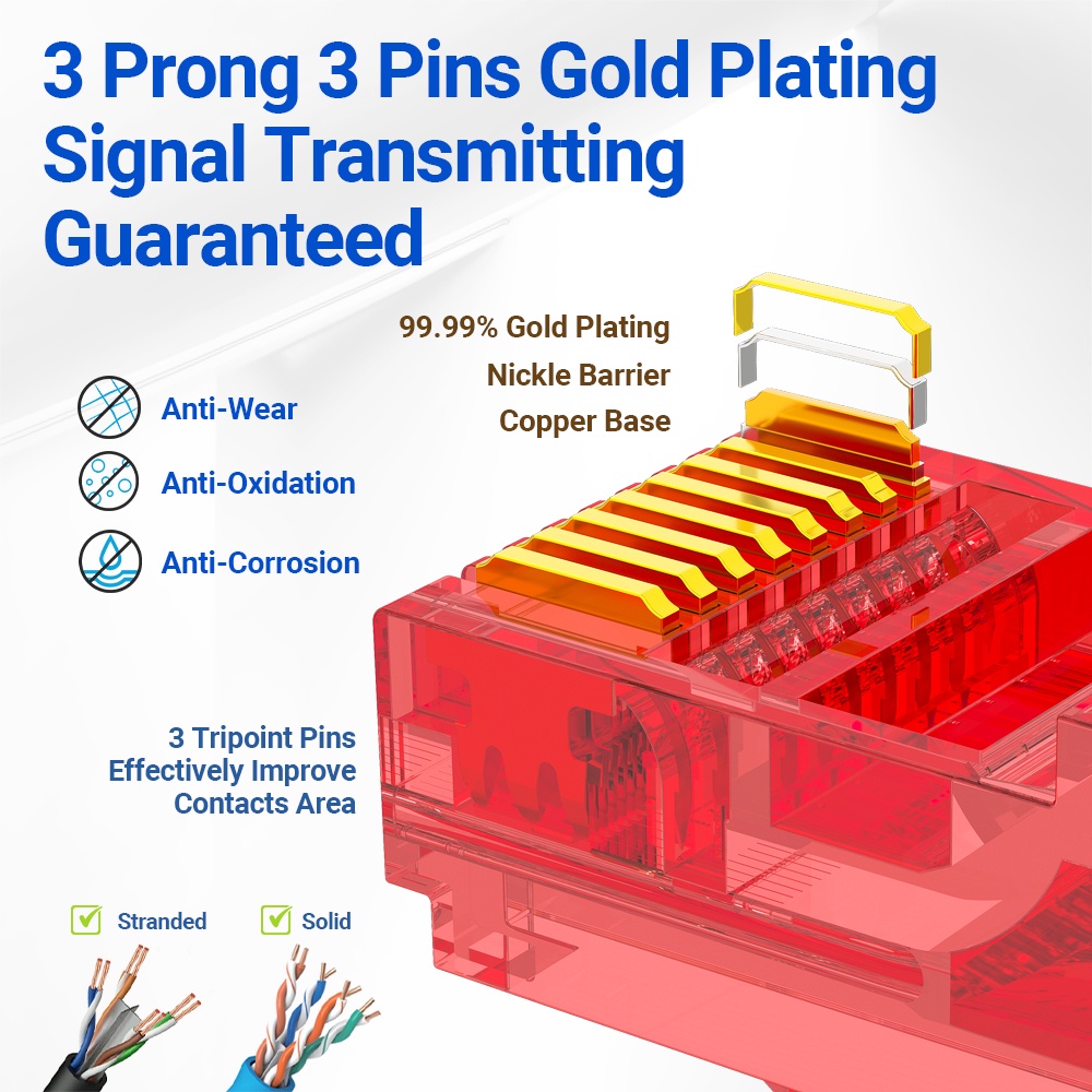AMPCOM CAT6 RJ45 Passar Por Conectores EZ Para Crimpagem Conector De ...