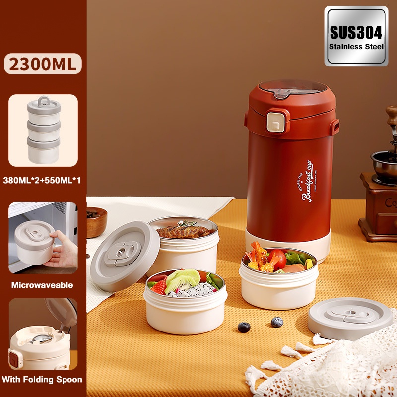 Lancheira Isolada de 24h 304 Inoxidável Para Micro-ondas Merendeira Isolamento Com Colher ...