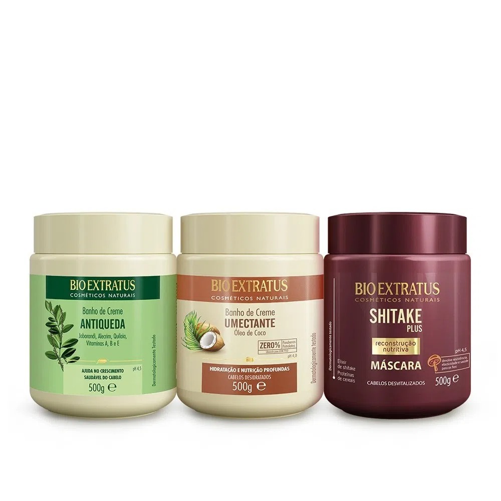Kit Cronograma Capilar 3 Máscaras 250g - Umectante - Jaborandi -Shitake - Banho de Creme Bio ...