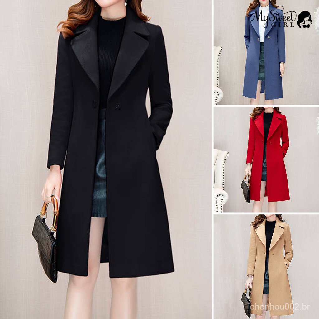 Mysweetgirl casaco de lã feminino de cor sólida outono inverno slim fit ...
