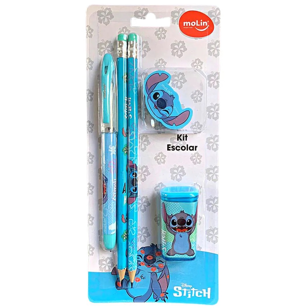 Kit Escolar Stitch com 5 unidades (caneta, 2 lápis, borracha apontador ...