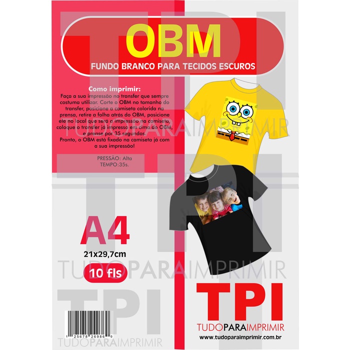 OBM - Papel Transfer OBM - Pct c/ 10 un. - Fundo branco para tecidos ...