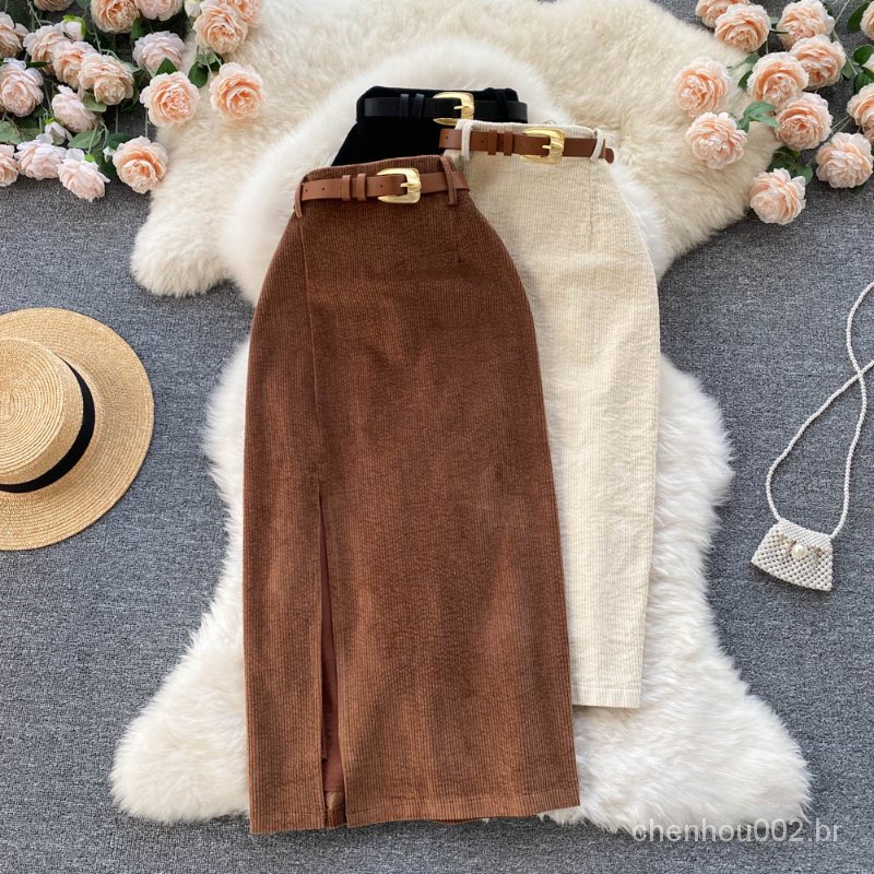 Saia de estilo coreano de comprimento médio para outono e inverno, saia ...