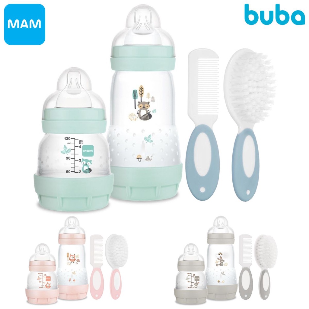 Kit 2 Mamadeiras Mam Easy Start Starter Set Anticólica 130ml e 260ml + Kit Escova e Pente Buba ...