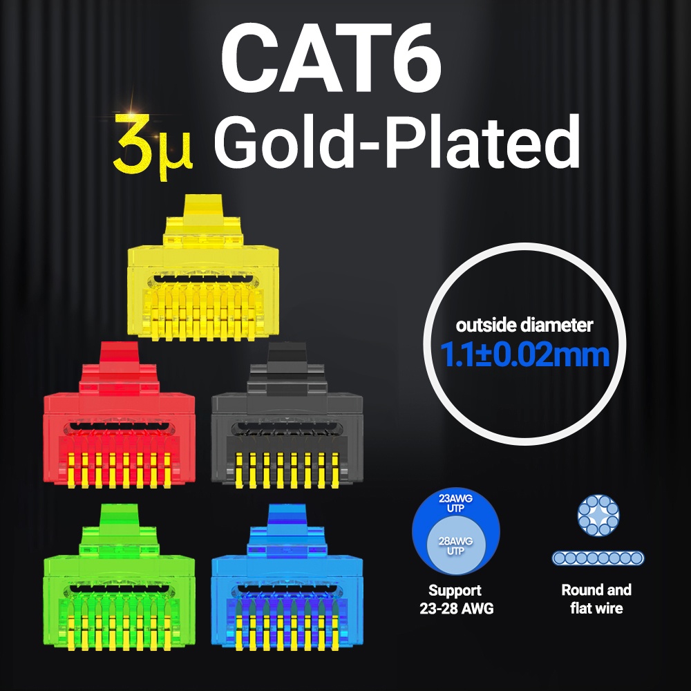 AMPCOM CAT6 RJ45 Passar Por Conectores EZ Para Crimpagem Conector De ...