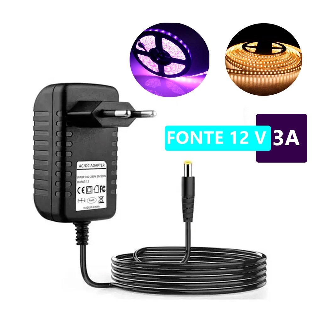 Fonte Estabilizada 12v 3A Para Fitas de Led e Cameras de seguranca ...