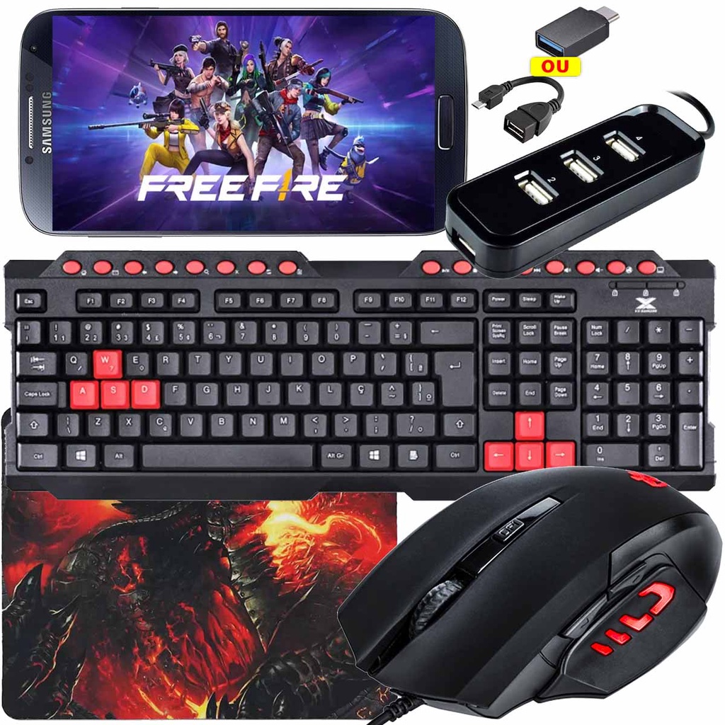 Kit Mobilador Completo Teclado Vermelho Multimidia + Mouses Gamer Selecionar Modelo Hub Usb 4 ...