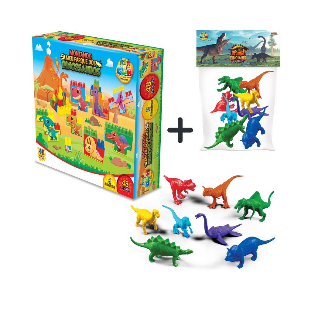 Kit Montando Parque Dos Dinossauros Blocos 48 Pecas 8 Mini