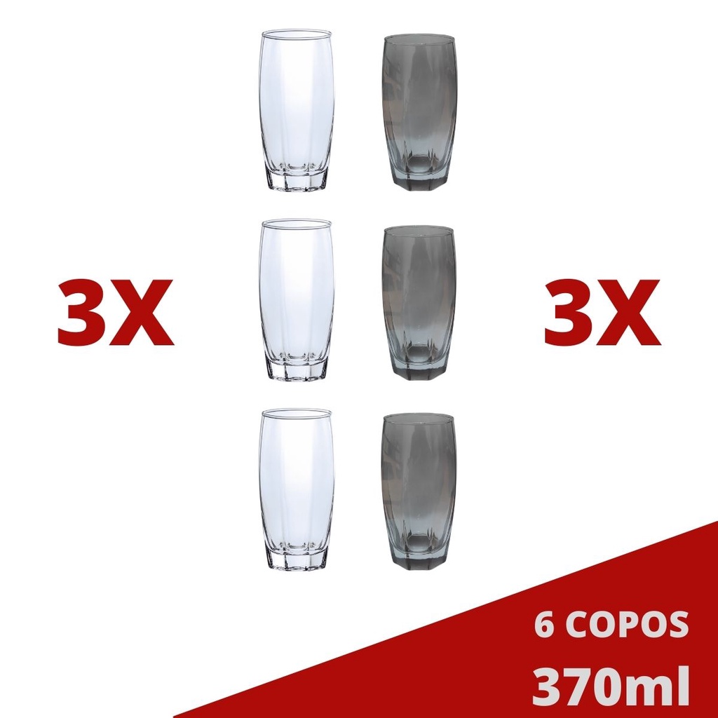 Kit Copos Vidro Luxo 3 Cinza + 3 Transparente Florida 370ml | Shopee Brasil