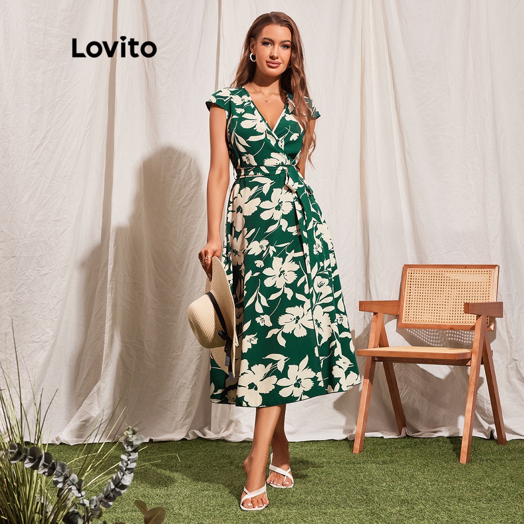 Vestido De Manga Curta Floral Lovito Boho Floral Manga Curta Dividida