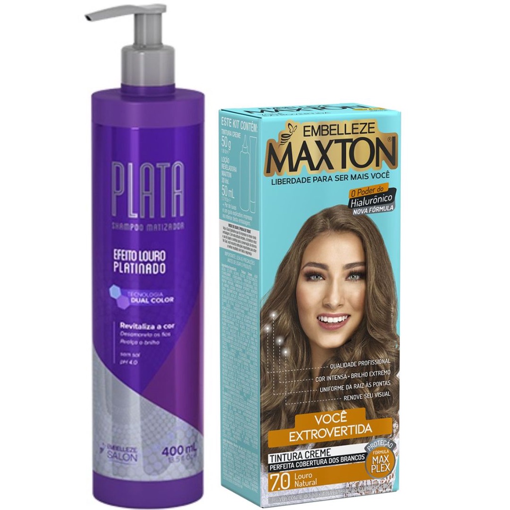Kit Tinta Maxton 7.0 Louro Natural e Shampoo Matizador Plata | Shopee ...