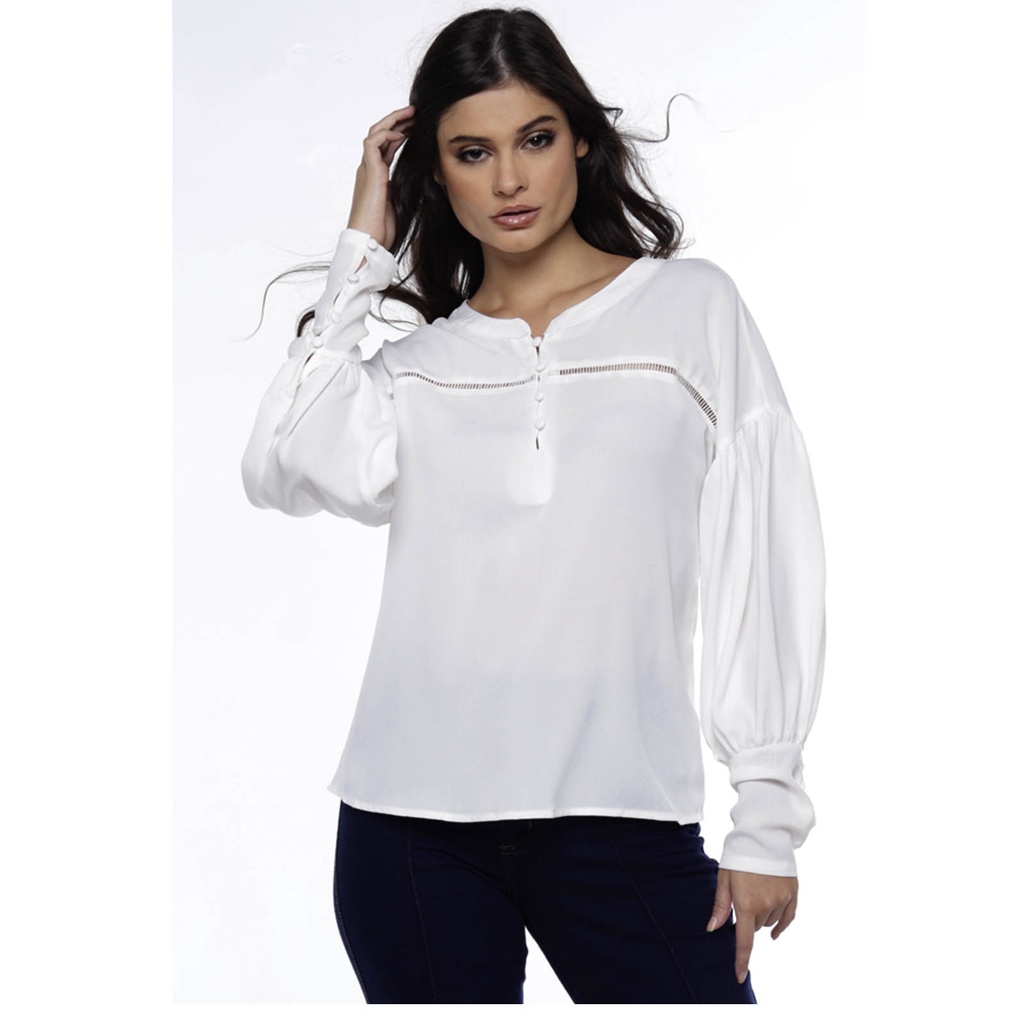 Blusa de Manga Longa Feminina Bufante Sob Branca | Shopee Brasil