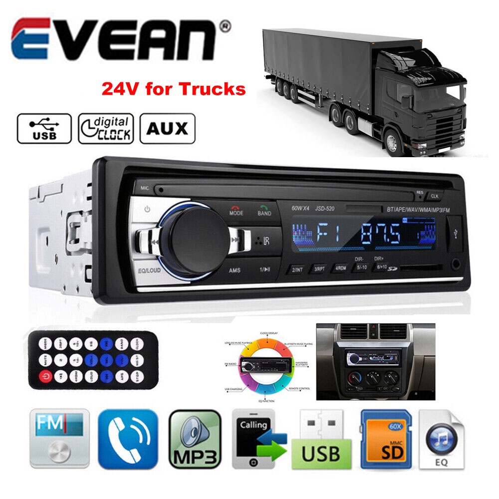 EVEAN 24V/12V Bluetooth Áudio Estéreo Para Carro Em Dash FM Receptor De ...