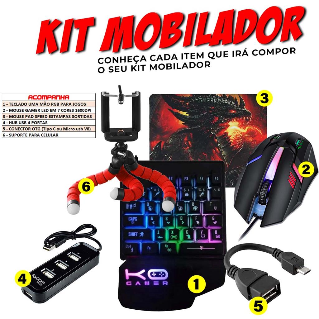 Kit Mobilador de Celular Teclado Uma Mao RGB + Mouse Gamer 1600dpi + Hub usb 4 Portas | Shopee ...