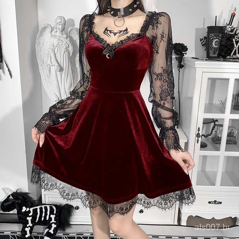 E Girl Gótico Mini Vestido Preto De Renda Vestido De Cintura Alta Bodycon Y2k Feminino Vintage