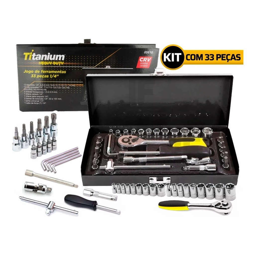 Kit Jogo De Ferramentas 33 Peças Com Estojo Maleta Titanium - Faz a Boa!