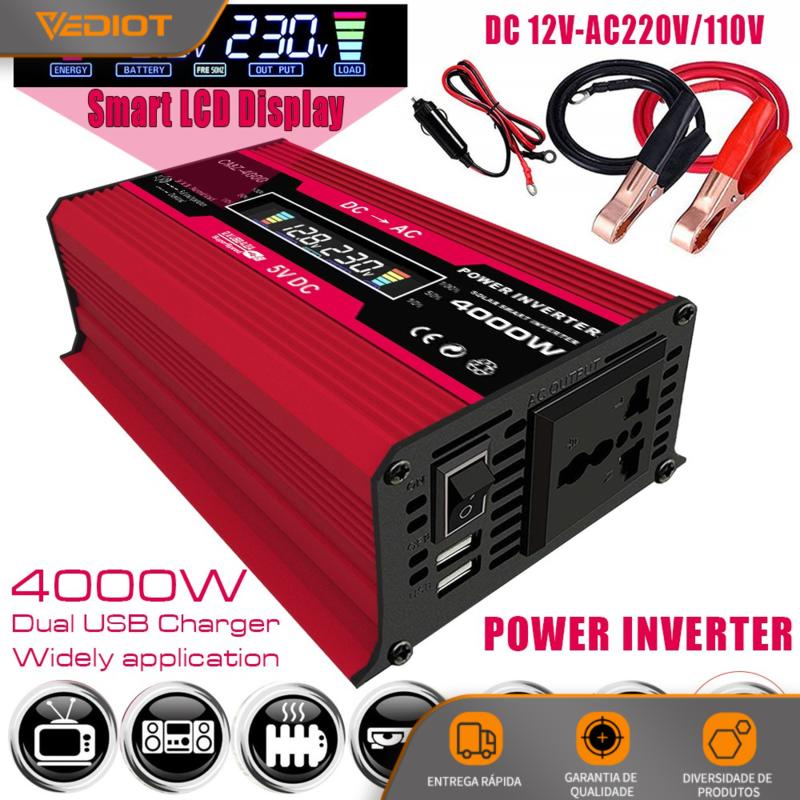 4000W 12V TO 110V/220V Poder Pico Carro Inversor De Energia Pura Onda sine Tela Colorida Para O ...
