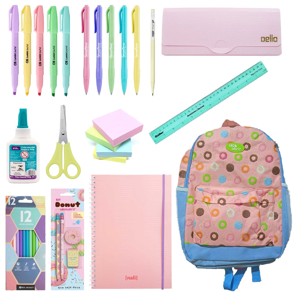Kit Material Escolar Papelaria Donuts Tons Pasteis Caderno Canetas ...