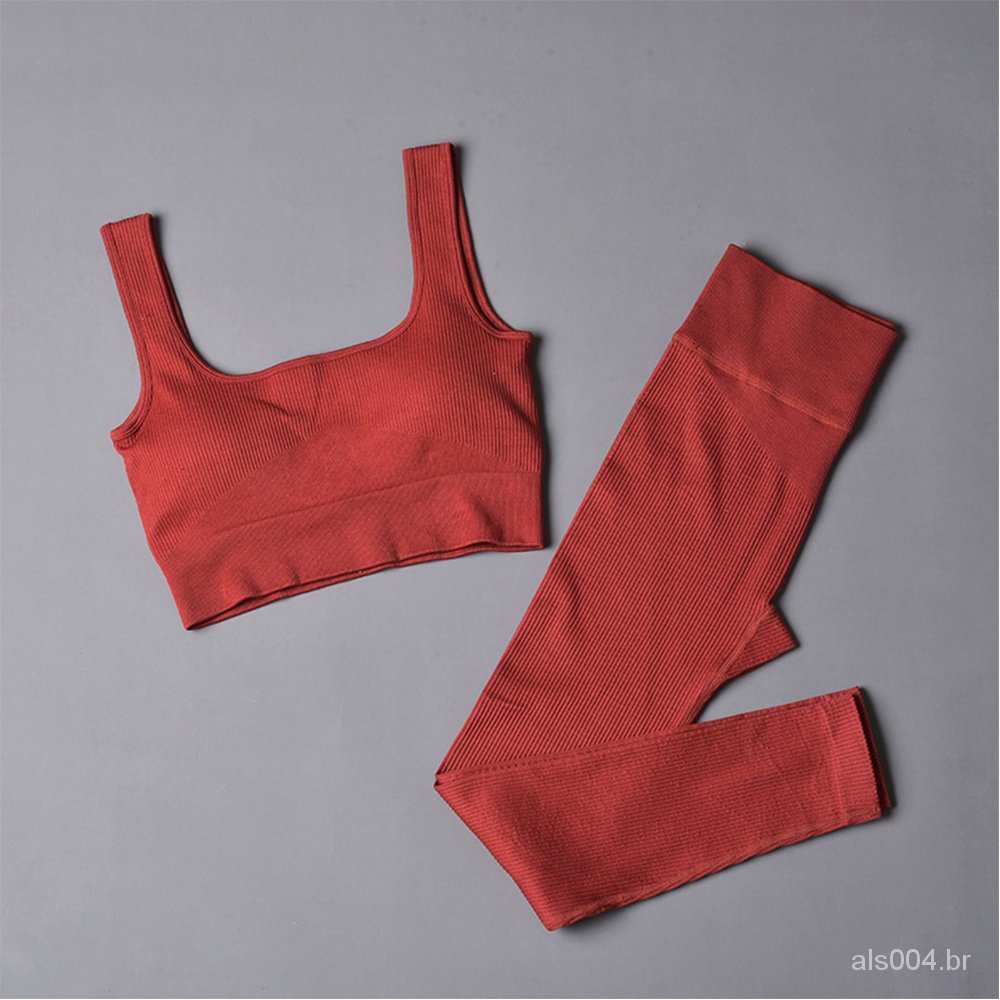 Conjunto De Ioga Sem Costura 2 Peças Roupa De Treino Com Nervuras
