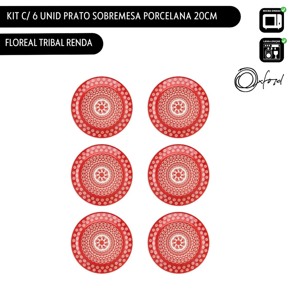 Kit c/ 6 Unid Prato Sobremesa 20cm Floreal Tribal Renda Porcelana ...