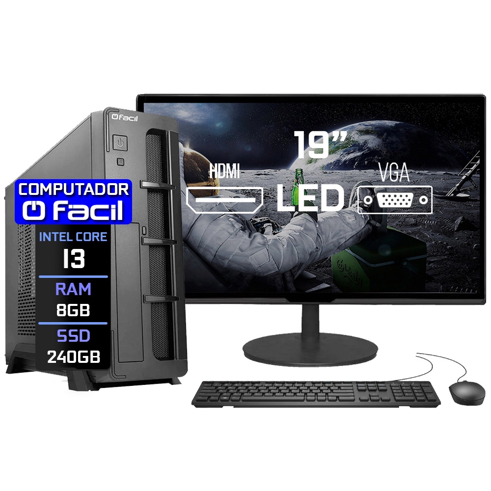 Computador Completo Fácil Slim Intel Core i3 8GB SSD 240GB Monitor 19" HDMI LED Teclado e Mouse ...