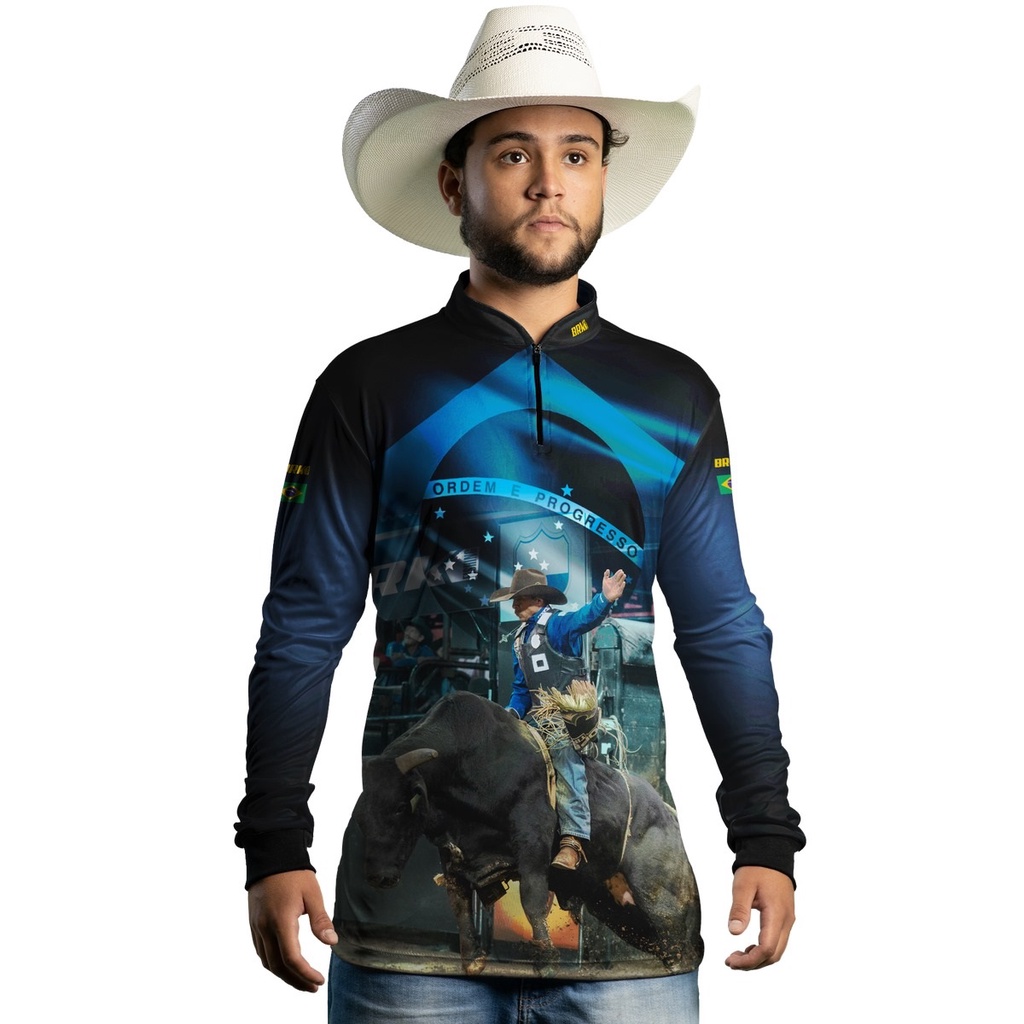 Camisa Agro Brk Rodeio Brasil Azul com Proteção Solar UV 50+ | Shopee ...