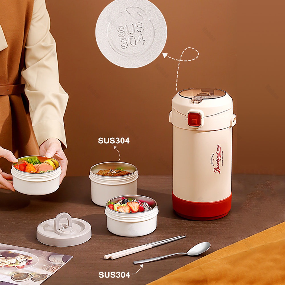 Lancheira Isolada de 24h 304 Inoxidável Para Micro-ondas Merendeira Isolamento Com Colher ...